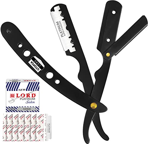 Utopia Care Professional Barber Straight Edge Razor Safety with 100-Pack Lord Blades - 100 Percent Stainless Steel (Black)