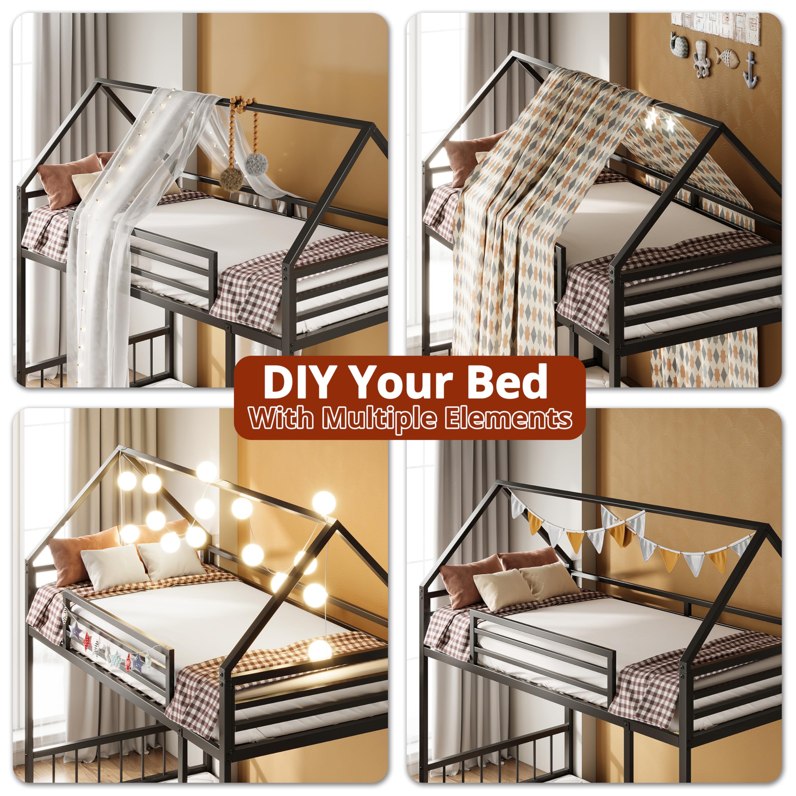 LIKIMIO Bunk Bed Twin Over Twin, House Bunk Bed Frame with Ladder and Guardrail, House Shaped with Metal Slats for Dormitory and Bedroom, Space Saving, No Box Spring Needed, Black