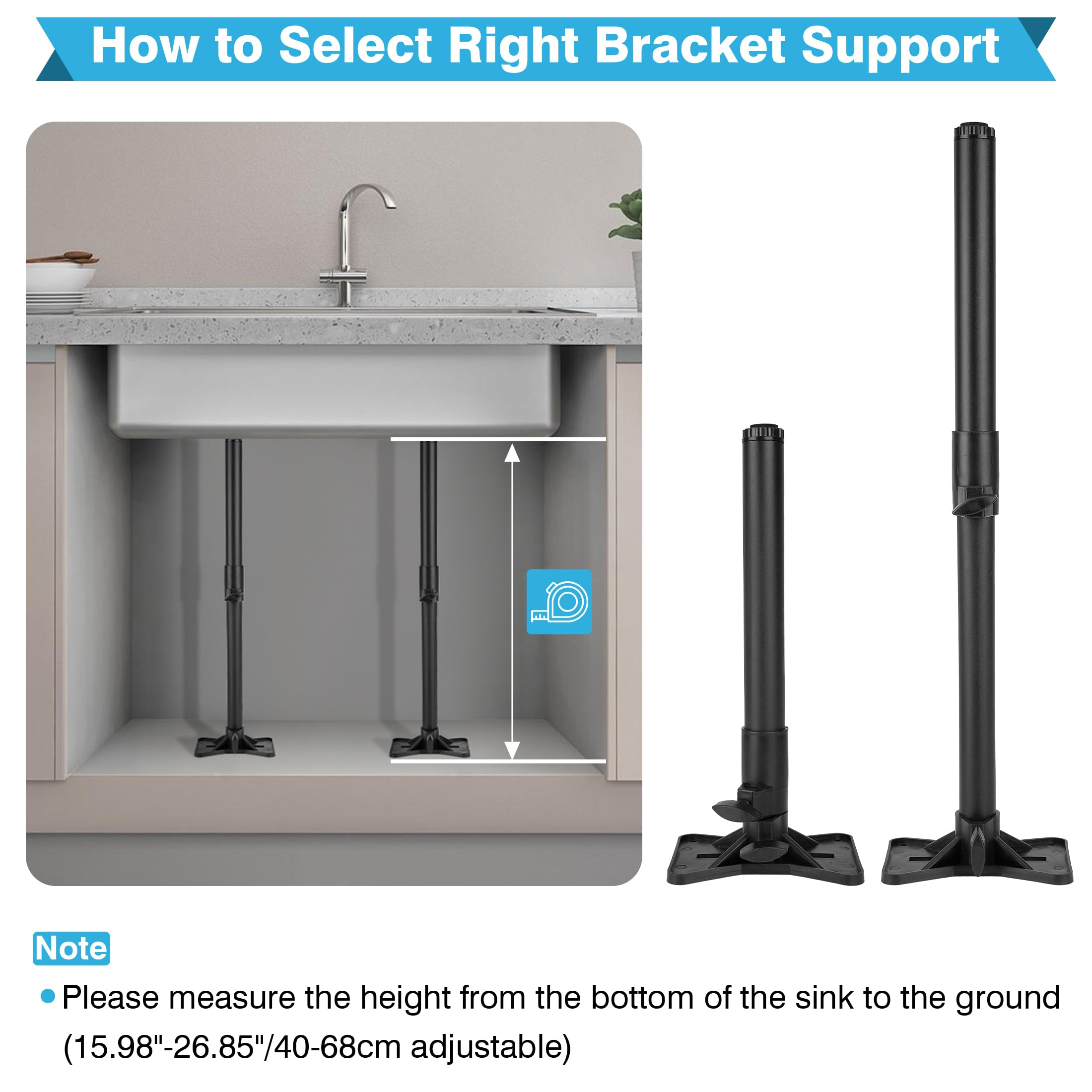 IRONWALLS Undermount Sink Brackets, 2PCS 17.7β-29.5β/45-75cm Height Steel Kitchen Sink Cabinet Support Poles Adjustable, Drilling Free Sink Repair Kit for Kitchen, Bathroom