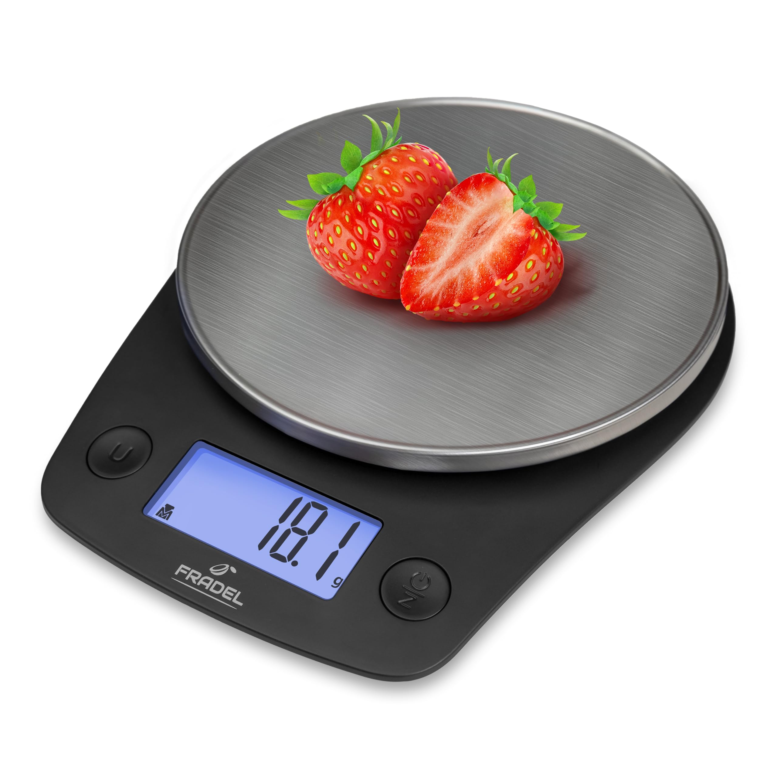 Fradel 0.1g Digital Kitchen Food Scale - Precision Food Scale for Cooking, Baking, Weight Loss - in Grams & Ounces - A Kitchen Must Have - Stainless Steel Plate, Waterproof, 11lb Capacity - Round