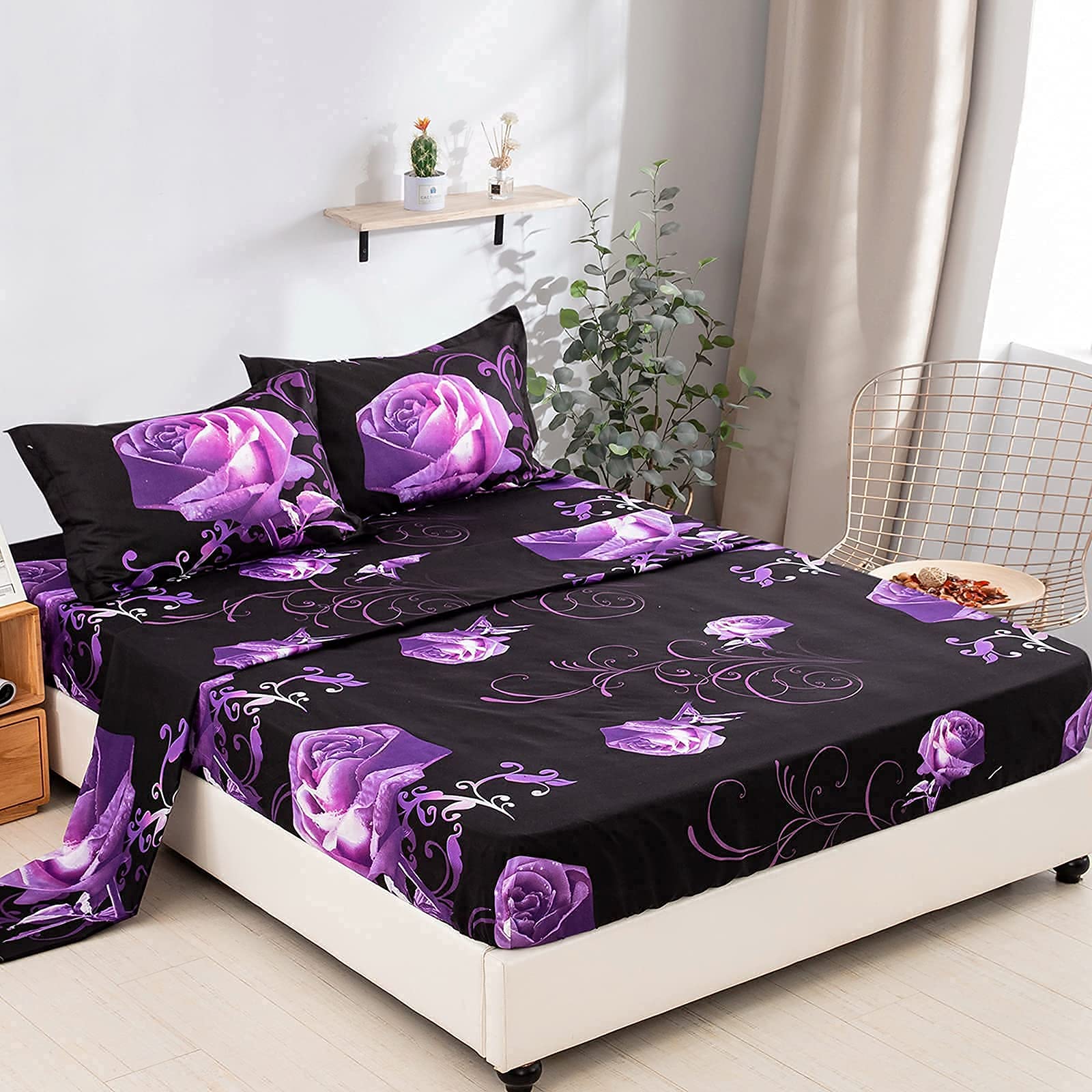Purple Rose Comfortter Set Queen and Sheet Set for Queen Bed, 3 Piece Fluffy Down Alternative Duvet Set Matching with 4 Piece Bedding Sheet Set. All Season Bedding Set Queen