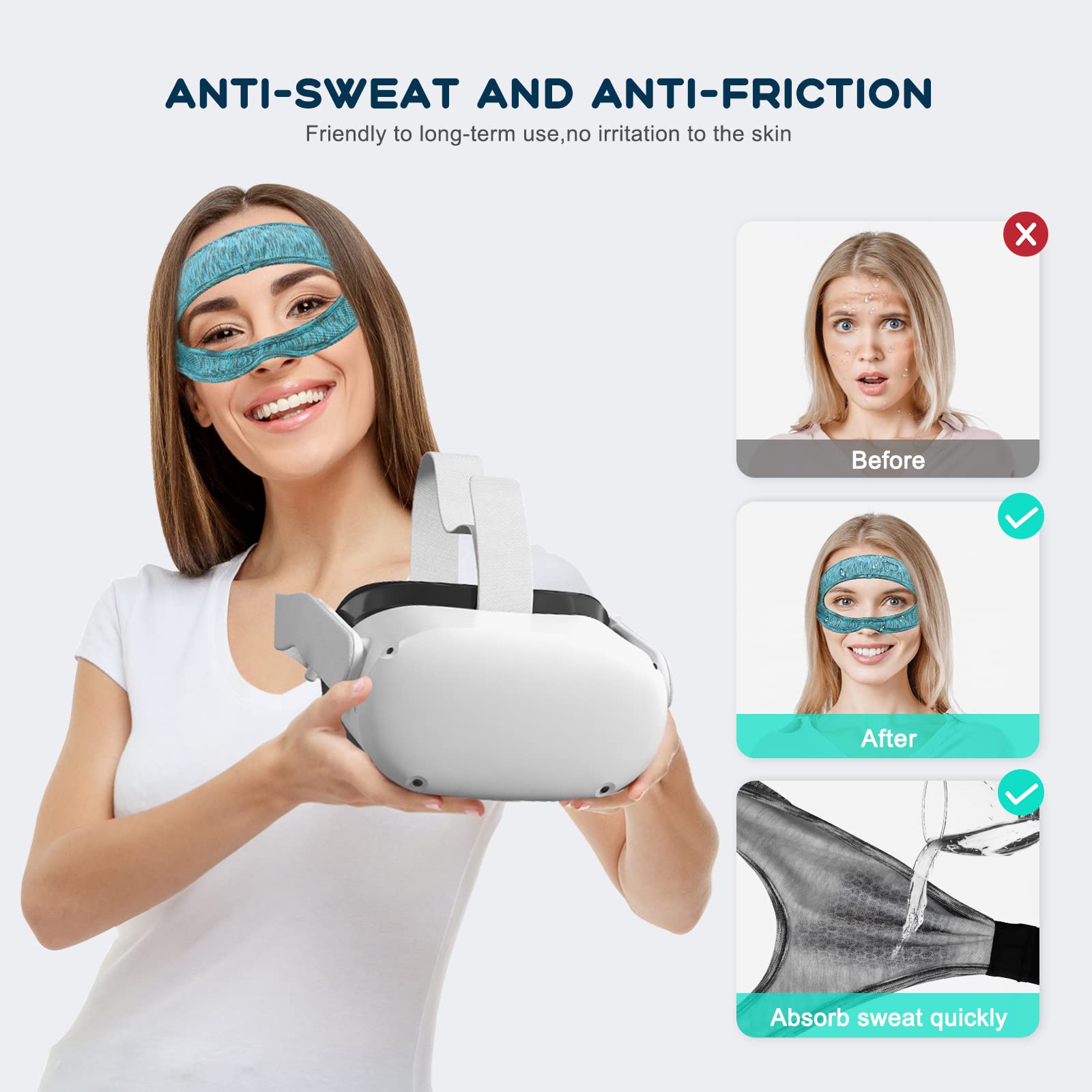 Esimen VR Masks Sweat Band for Oculus Quest 2 Sweat Guard Adjustable Absorbent Facemask and Silicone Face Cover for Meta Quest 2, Breathable, Stretchy, Washable VR Workout Accessories(3Pcs)