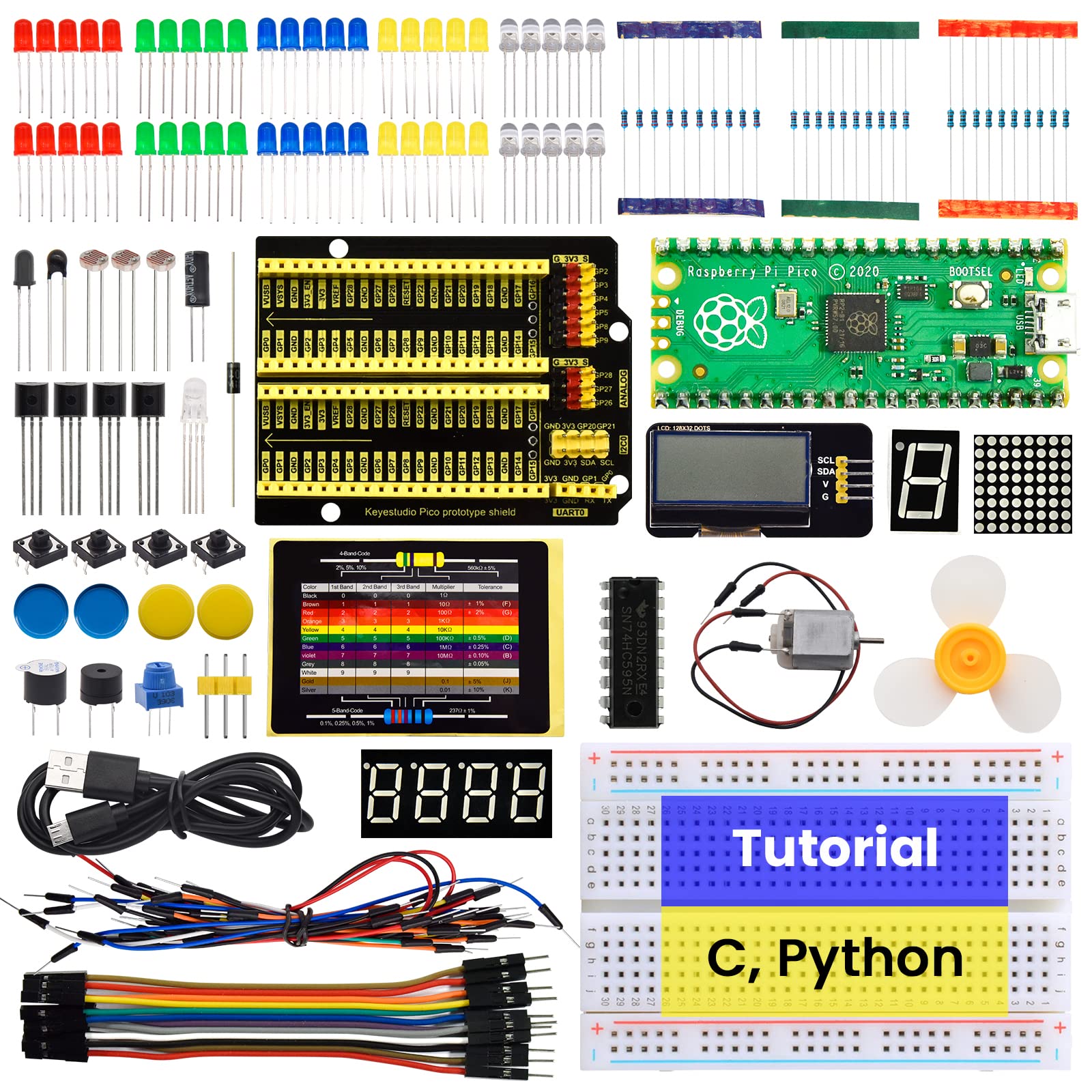 KEYESTUDIO Raspberry Pi Basic PICO Starter Kit, MicroPython C/C++ 21 Lessons Easy to Learn, PICO IO Shield Easy for Beginners Hobbyists Kids