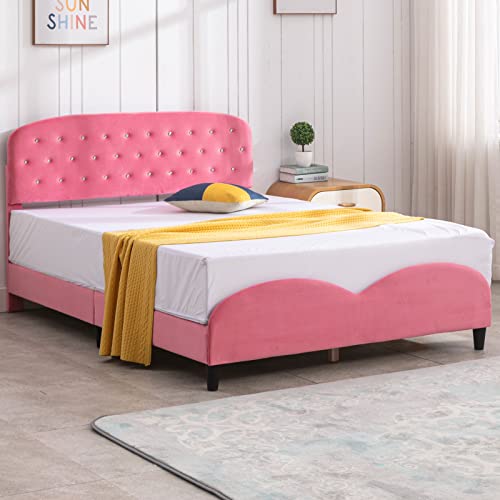 Mixoy Kids Full Size Bed Frame with Headboard, Velvet Upholstered Platform Bed with Slatted Bed Base, No Box Spring Needed, Pink Princess Wooden Bed for Girls(Full, Diamonds)