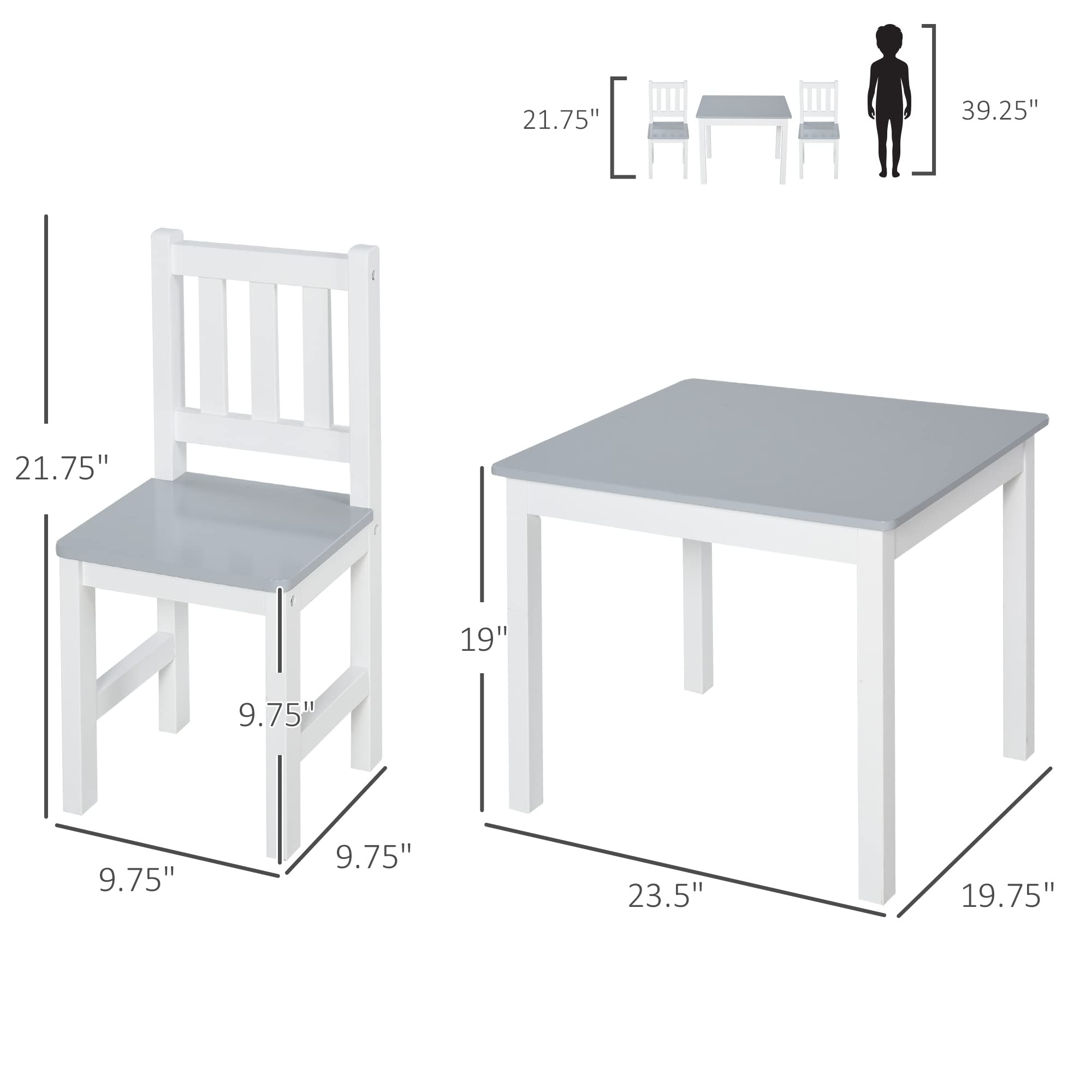 Qaba Kids 3 Piece Table and Chair Set Ideal for Arts, Meals, Lightweight Wooden Homework Activity Center, Toddlers Age 3+, Grey