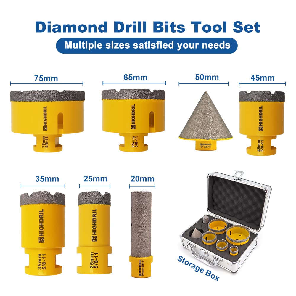 HIGHDRIL Diamond Drill bits kit with 5/8-11 for Porcelain Porcelain Tile Ceramic Marble Brick Concrete Vacuum Brazed Hole Saw (25/35/45/65/75mm+20mm Finger Bits+50mm Beveling Chamfer Bit)