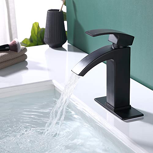JAKARDA Single Handle Waterfall Bathroom Fuaucet with Drain Assemblely and Escutcheon, Black (Matte Black)