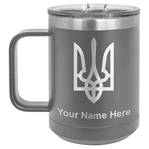 LaserGram 15oz Vacuum Insulated Coffee Mug, Flag of Ukraine, Personalized Engraving Included (Gray)