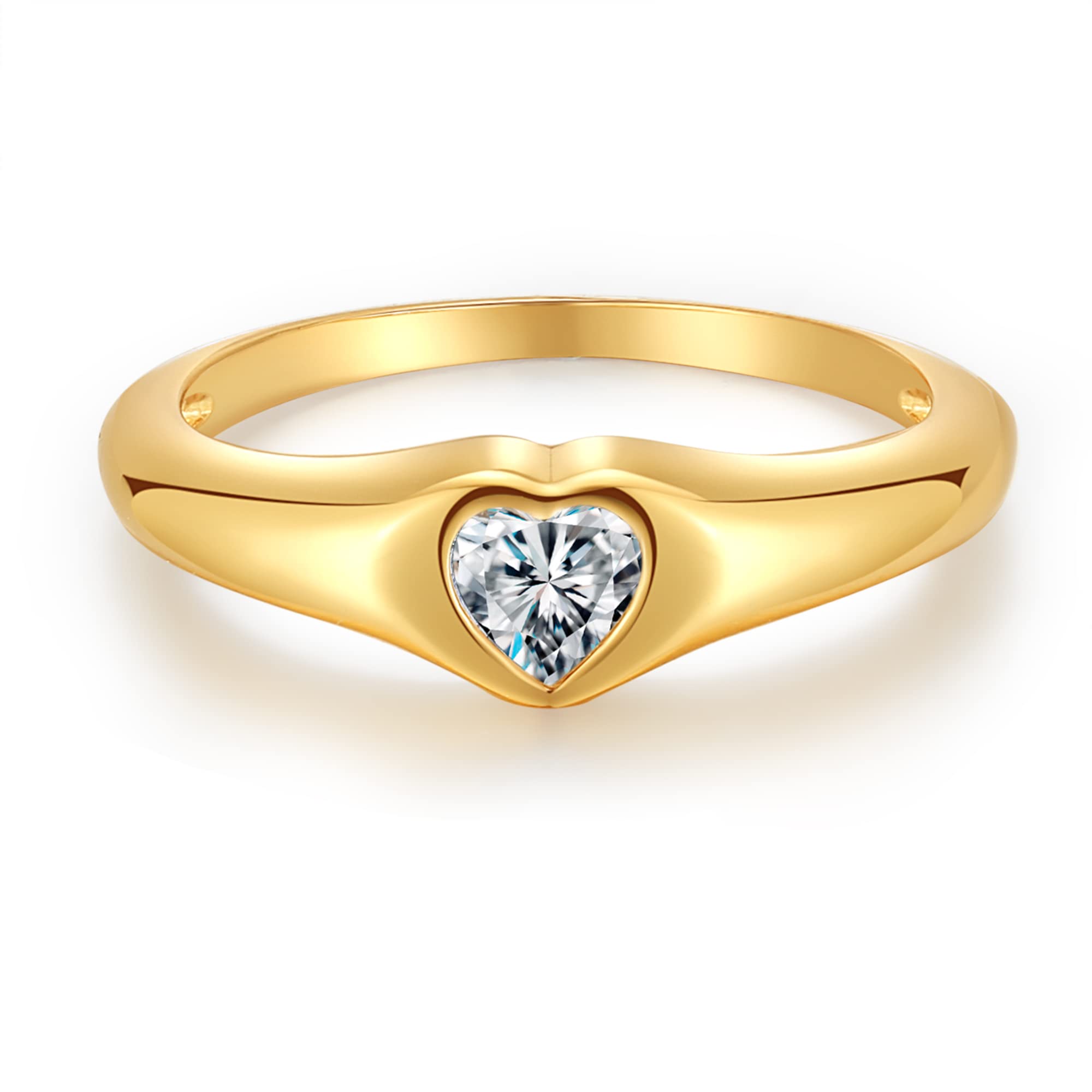 espere Cubic Zirconia Heart Inlay Signet Ring 18K Gold Plated | Minimal Dainty Pinky Ring | Simple Small Stackable Heart Ring Promise Ring Birthday Gift for Her [Size 3]