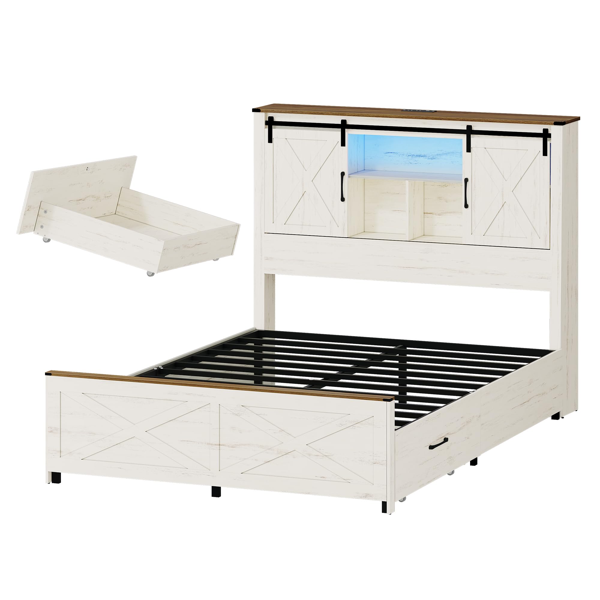 HILINSIE Full Size Bed Base Frame with Storage Bookcase Headboard, Sliding Barn Door, Heavy Duty Metal Platform Bed Frame Base with 2 Drawers, LED Lights and USB Charging Station, No Box Spring Needed