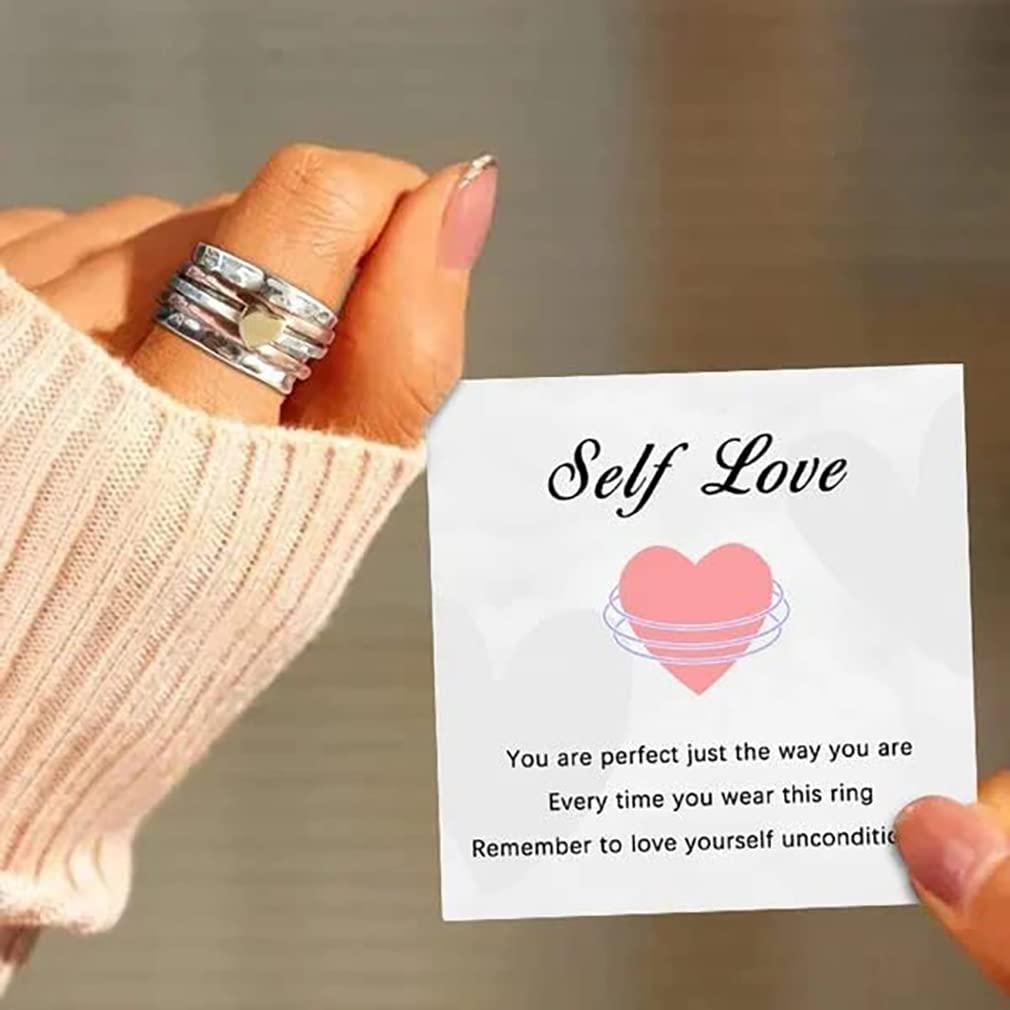FAOYUDAWEI Self Love Spinner Heart Ring, Antique Silver Stacking Rotating Self-Love Rings Inspiration For Women Jewelry