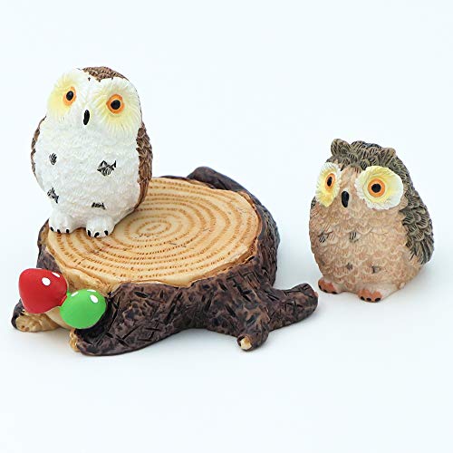 HRRIVE Mini Owls Bird Miniature Figurine with Tree Stump/Fairy Garden Pot Decoration for Micro Landscape Plant Pot, Bonsai Craft Décor