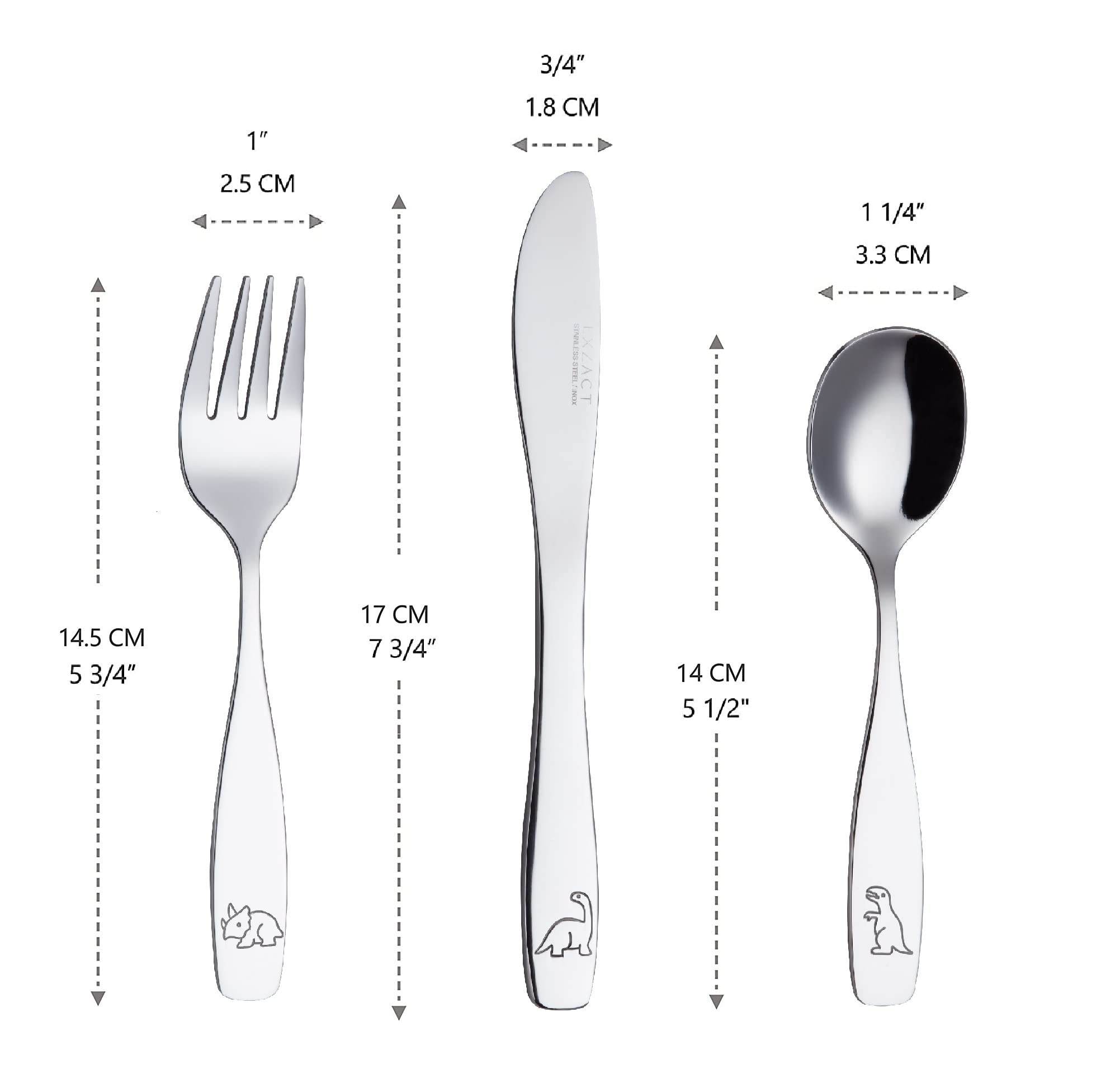 Exzact Kids Flatware 6 Pieces Set - Stainless Steel Silverware 2 x Forks, 2 x Safe Table Knife, 2 x Tablespoons - Child Toddler Utensils - Dinosaurs Engraved