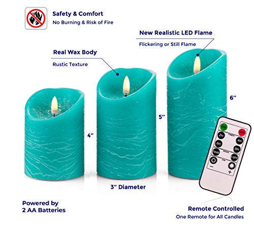 Set of 3 Realistic Flameless Turquoise LED Candles with Remote Control - 4'' 5'' 6'' Electric Wickless Pillar Battery Operated Candles with Flickering Flame Timer