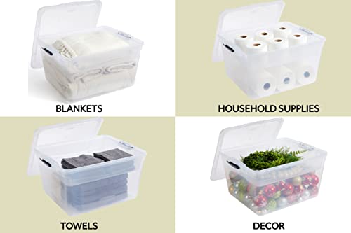 Rubbermaid 71 Qt. Cleverstore Clear Bundle with Tray Inserts, Pack of 4, Clear Plastic Storage Bins with Built-In Handles to Maximize Storage, Great for Large and Small Items