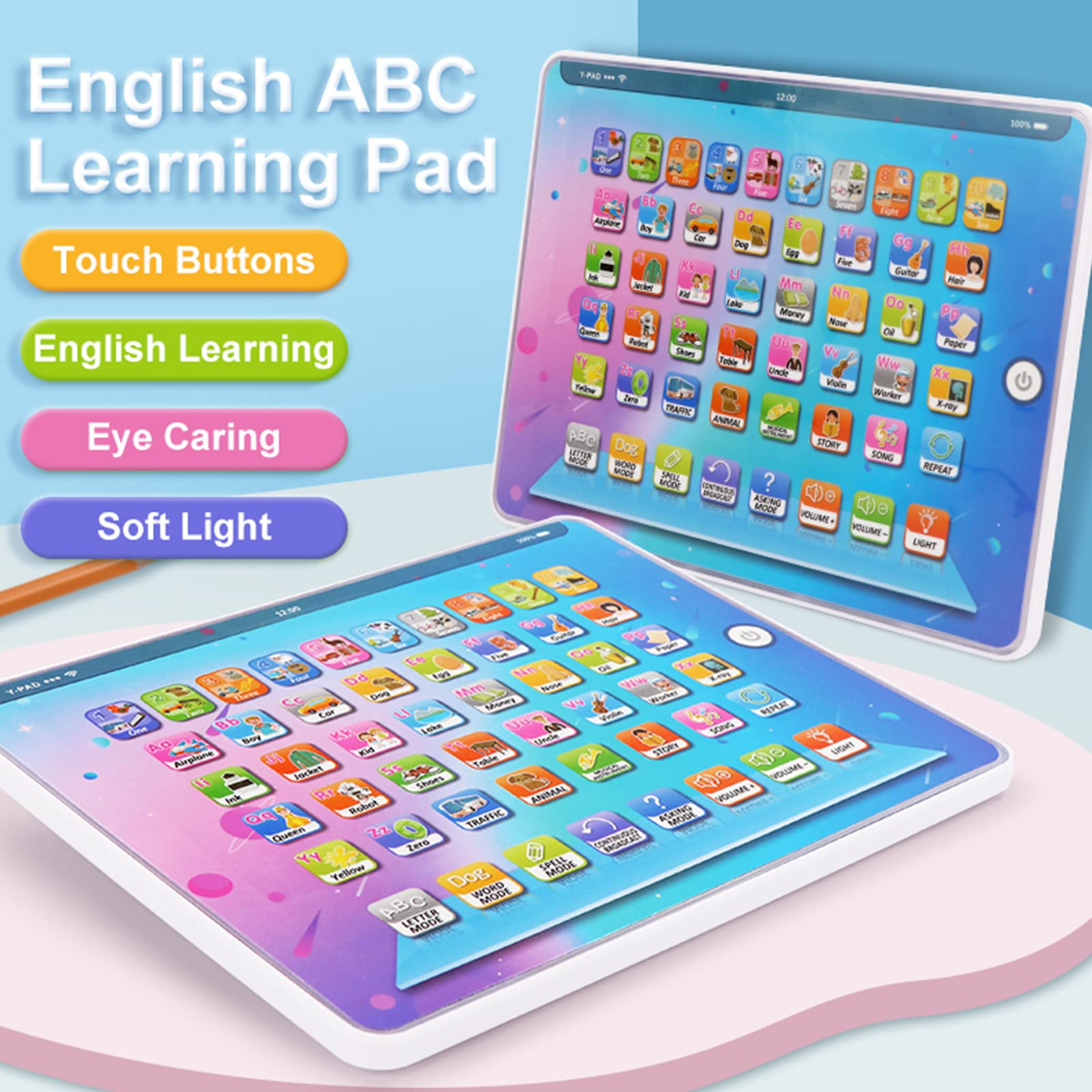 Gspmoly Kids Tablet Boys Learning Pad with LED Light Teach Alphabet, Numbers, Math, Early Development Interactive Electronic Toy, Ideal Xmas Gifts for Boy Girls, Parent-Child Interaction