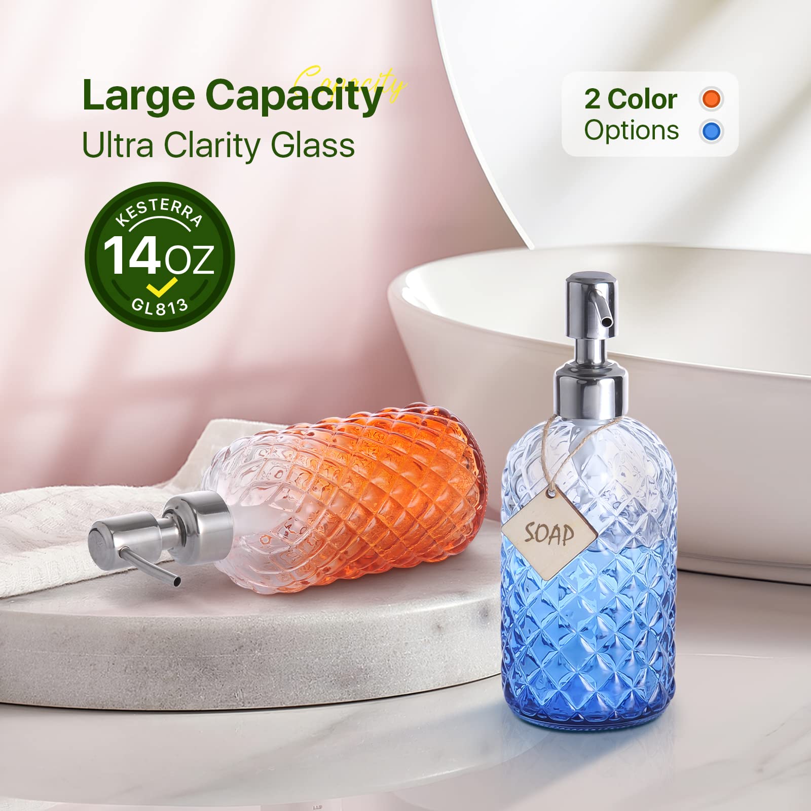 Glass Soap Dispenser, 14 Oz Hand Soap Dispenser Set with Rust Proof Stainless Steel Pump, Refillable Liquid Dish Soap Dispensers for Kitchen Sink Bathroom Commercial, Clear Blue Orange 2 Pack