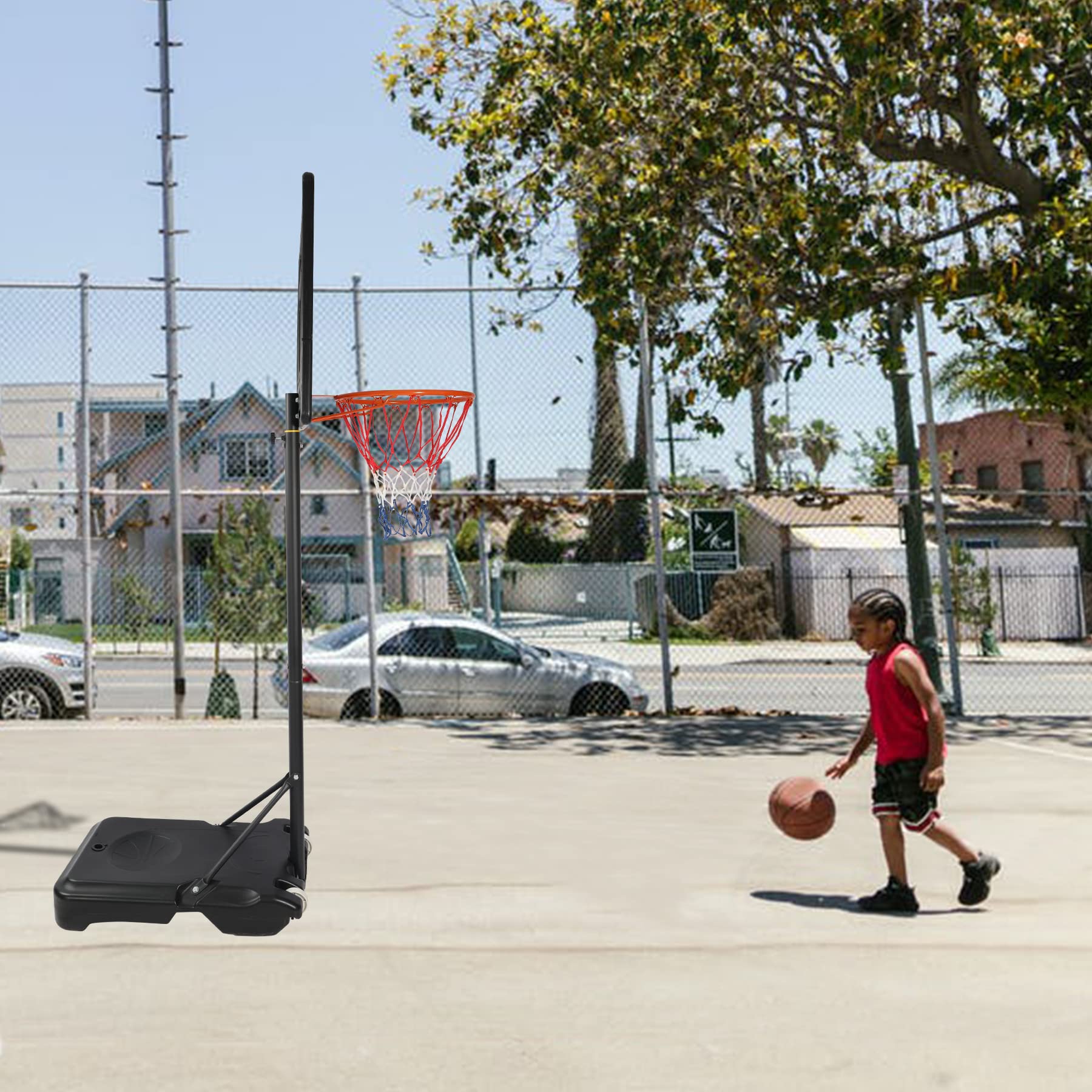 Domaker Adjustable Basketball Hoop Stand Outdoor, 5-7 FT Height Basketball Portable Goal System with Backboard & Wheels, Fillable Base, Easy to Assemble, Black & White