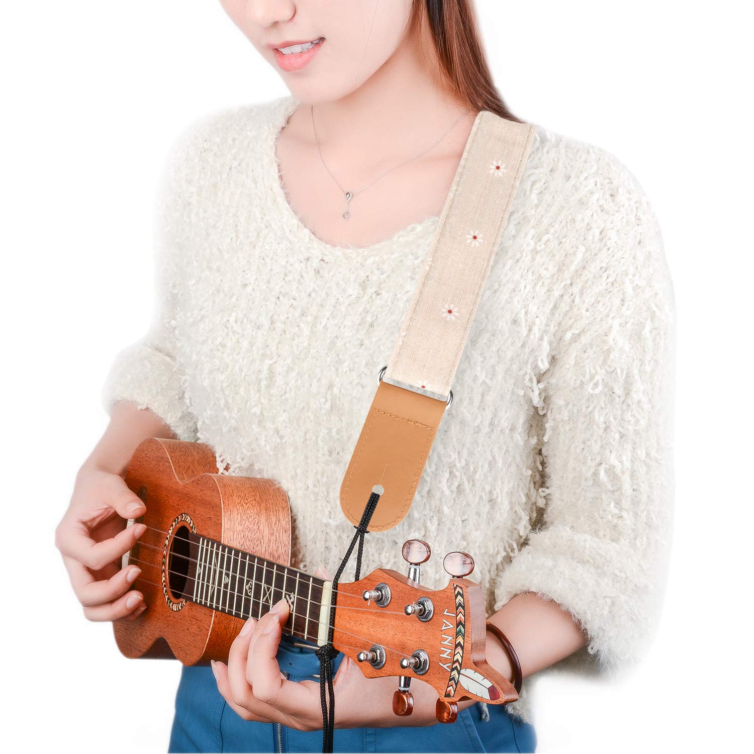 Dulphee Daisy Ukulele Strap with 1 Pick & 1 Button, Cotton Linen White Adjustable Uke Shoulder Strap for Soprano Concert Tenor Baritone Ukuleles, Banjo and Mandolin (Daisy)
