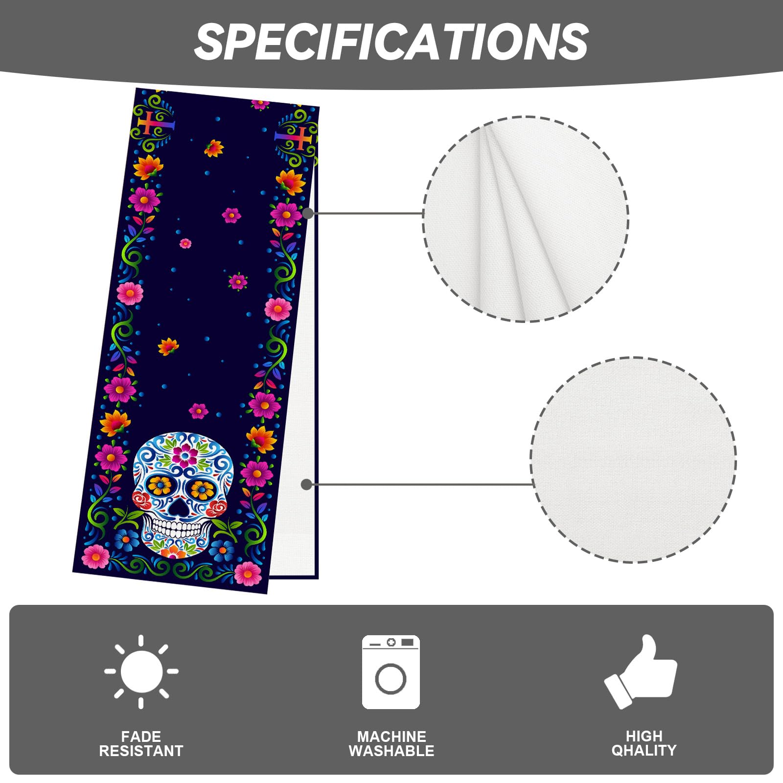 Linen Dia De Los Muertos Table Runner 72 Inches Long Day of The Dead Tablecloth Mexican Fiesta Themed Party Decorations and Supplies for Home Kitchen Dining Room Table