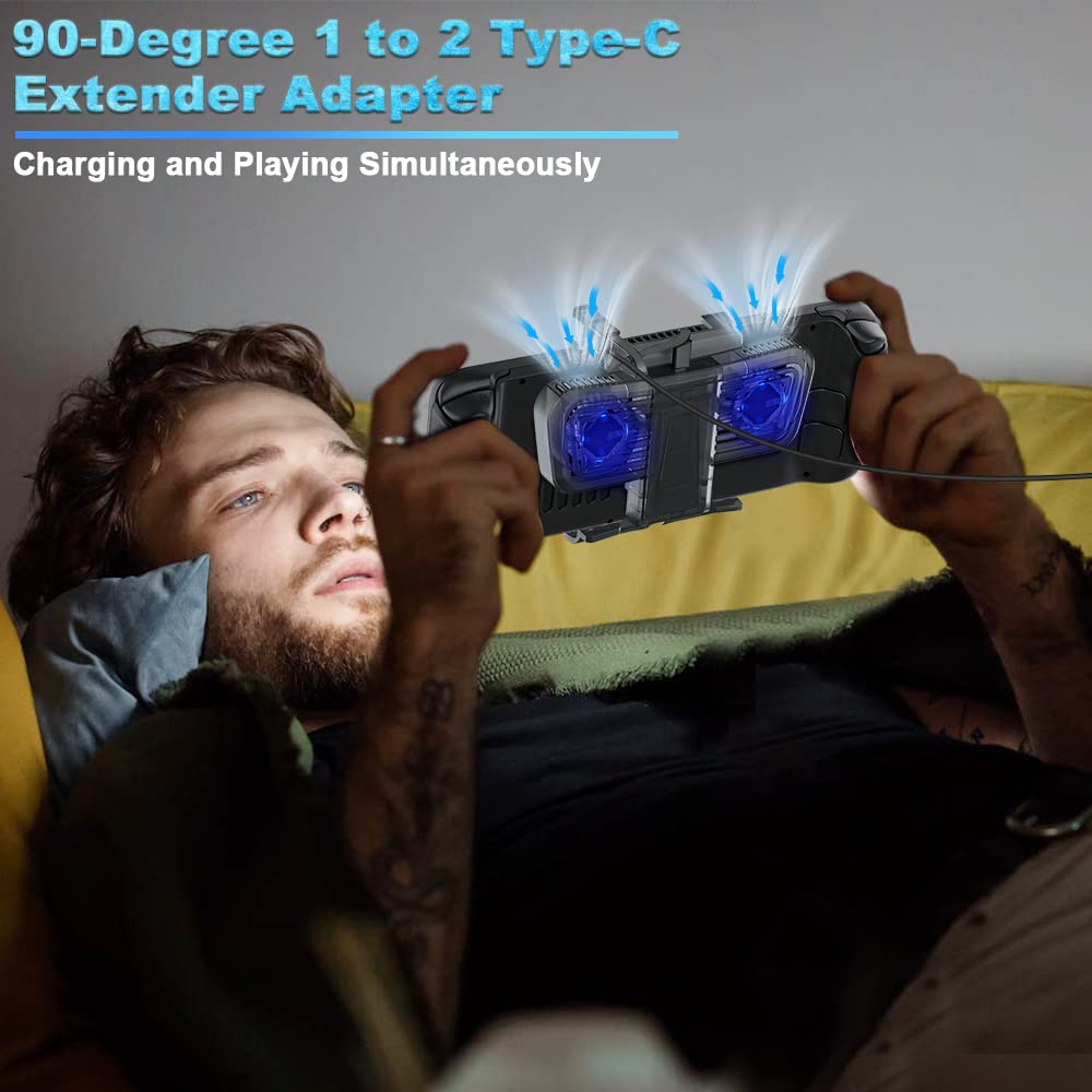 Fan for Steam Deck Fan Cooler with Kickstand for Stream Deck Cooling Fan Accessories with Dual C-Port Adapter, 3-Speed Adjustable, Double Fans, Blue RGB LED