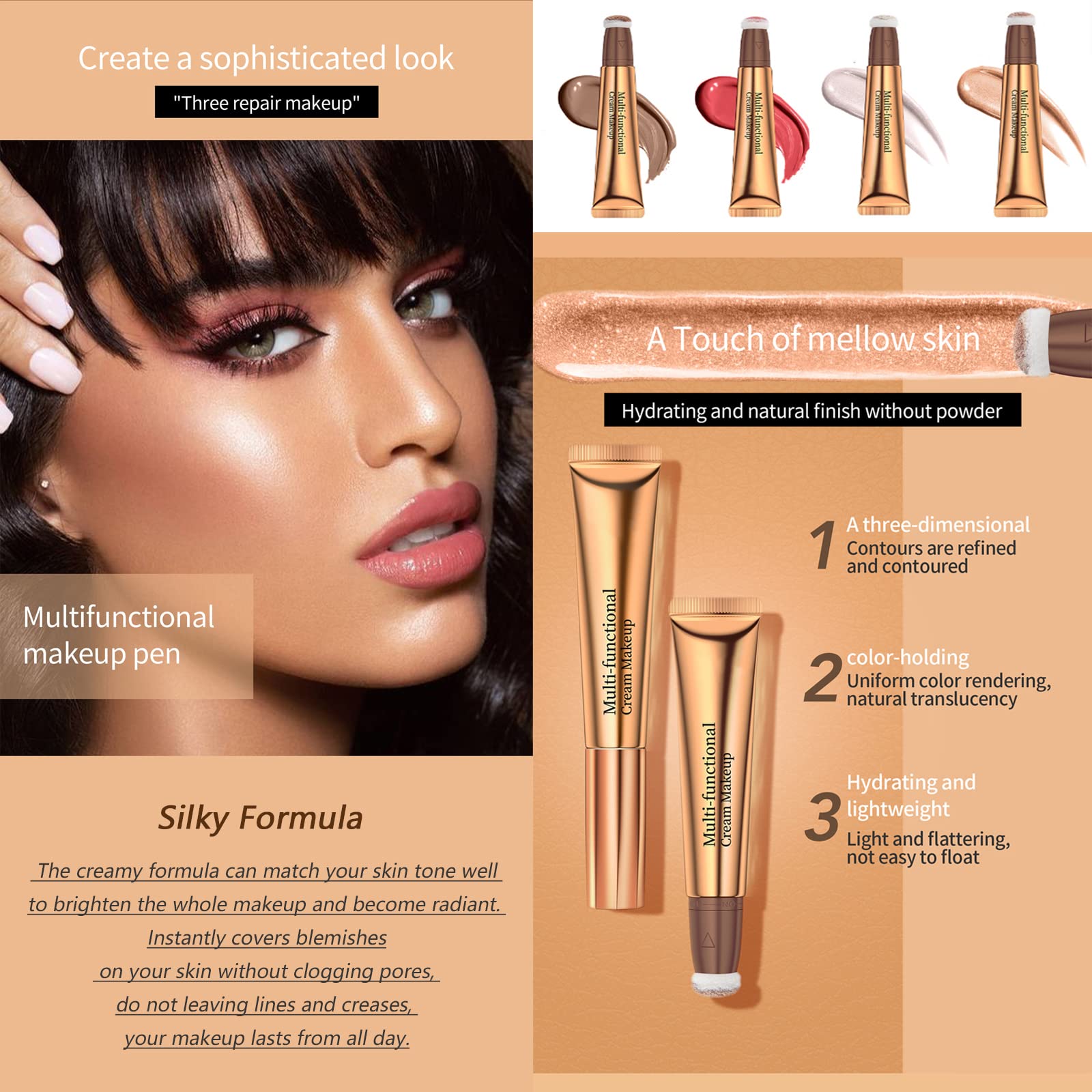 Domality 4pcs Bronzer Liquid Beauty Wand, Liquid Face Contour Highlighter Blush Stick with Cushion Applicator, Long Lasting Natural Matte/Shimmer Finish, Smooth Silky Makeup Stick for Face