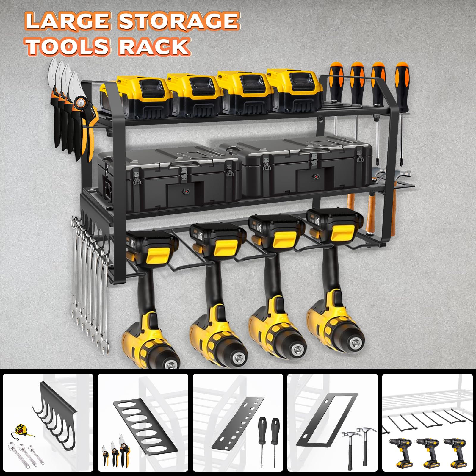 Power Tool Organizer Heavy Duty Wall Mount Tool Storage, Large Capacity Garage Organization Metal Utility Racks with 4 Drill Holders and Tool Slots