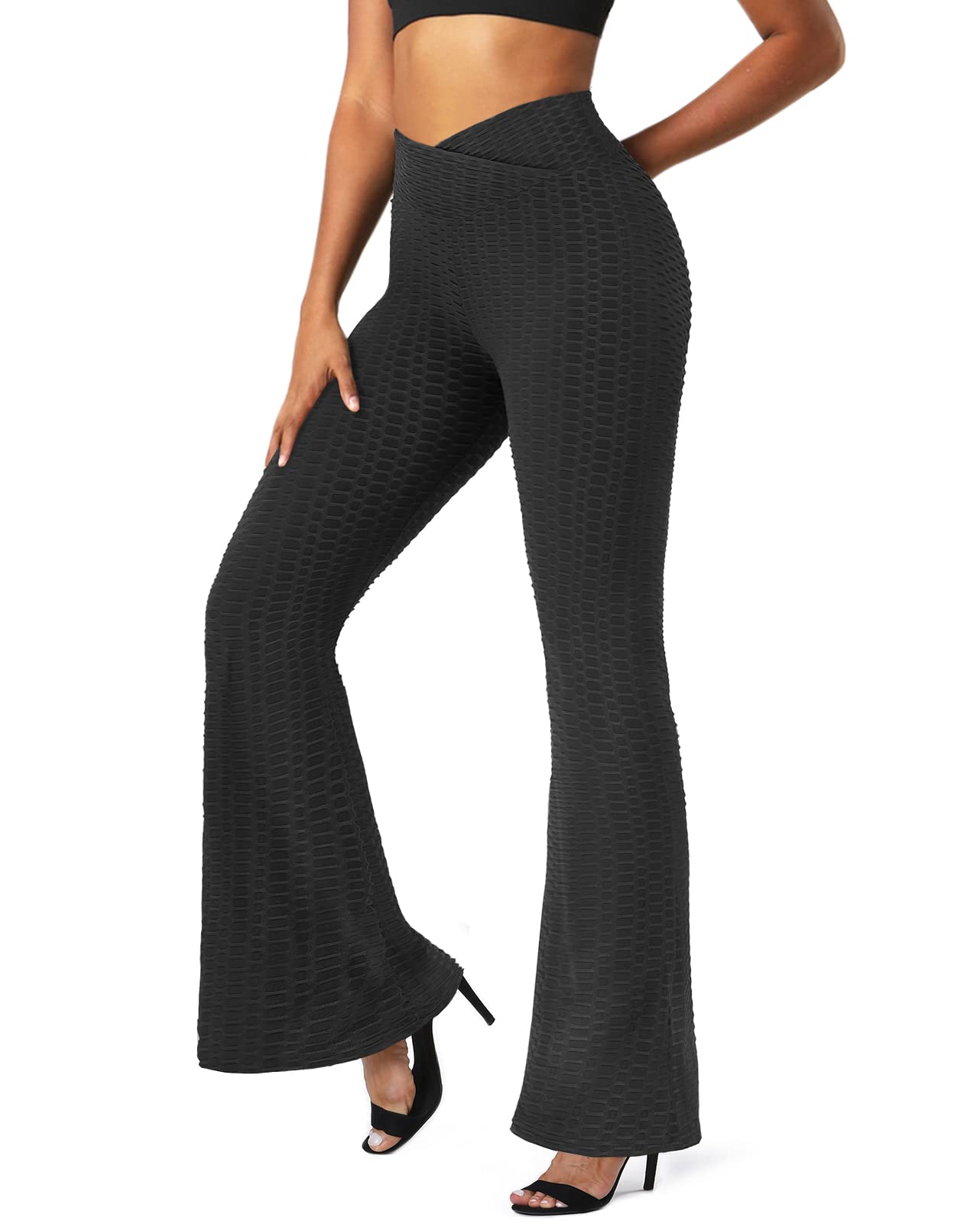 FIGKICKSEN High Waisted Flare Pants for Women Crossover Honeycomb Bootcut Yoga Pants Bootleg Wide Leg Leggings Black