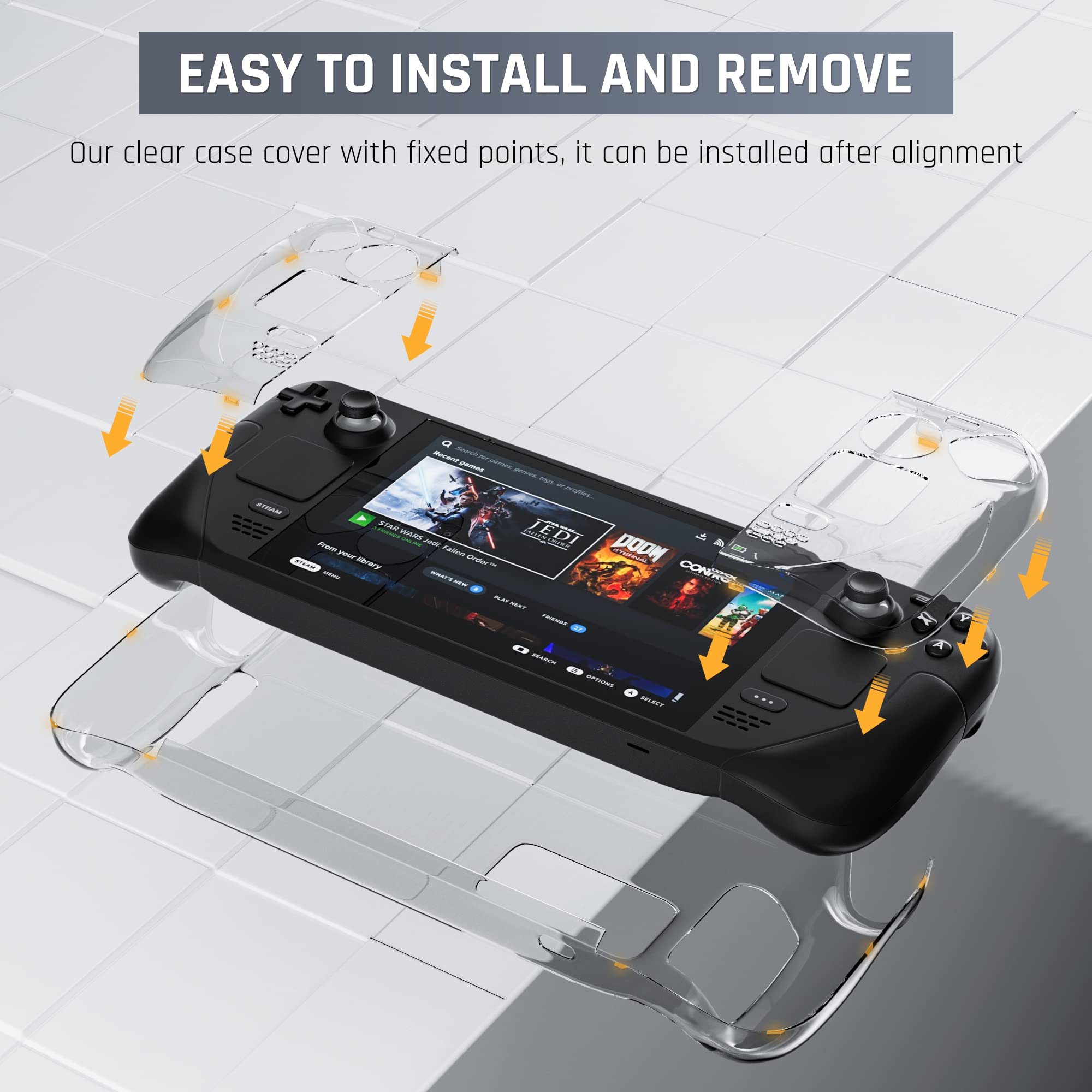 GLDRAM Protective Case for Valve Steam Deck, Clear PC Cover Kit Compatible with Steam Deck with 2 Glass Screen Protector, 8 Thumb Grip Caps, Hard Shell Accessories Drop Protection, Anti- Scratch
