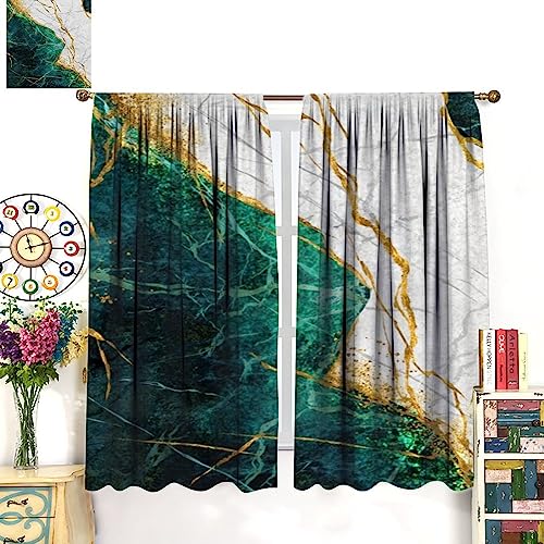 Marble Blackout Curtain,Ombre Emerald Green Golden Texture Backdrop Drapes,Rod Pocket Insulated Window Curtains for Living Room Bedroom Kitchen,42x45in