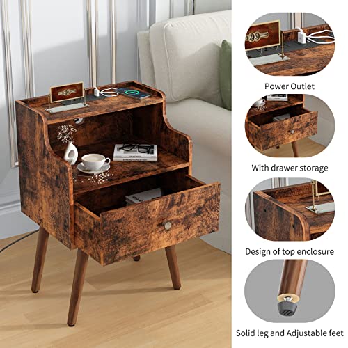 NONGSHIM Nightstand, Side Table with Charging Station, Mid-Century Modern Night Stands, Bedside Table with Storage Drawer and Solid Wood Legs, Accent End Table for Living Room, Bedroom, Rustic Brown