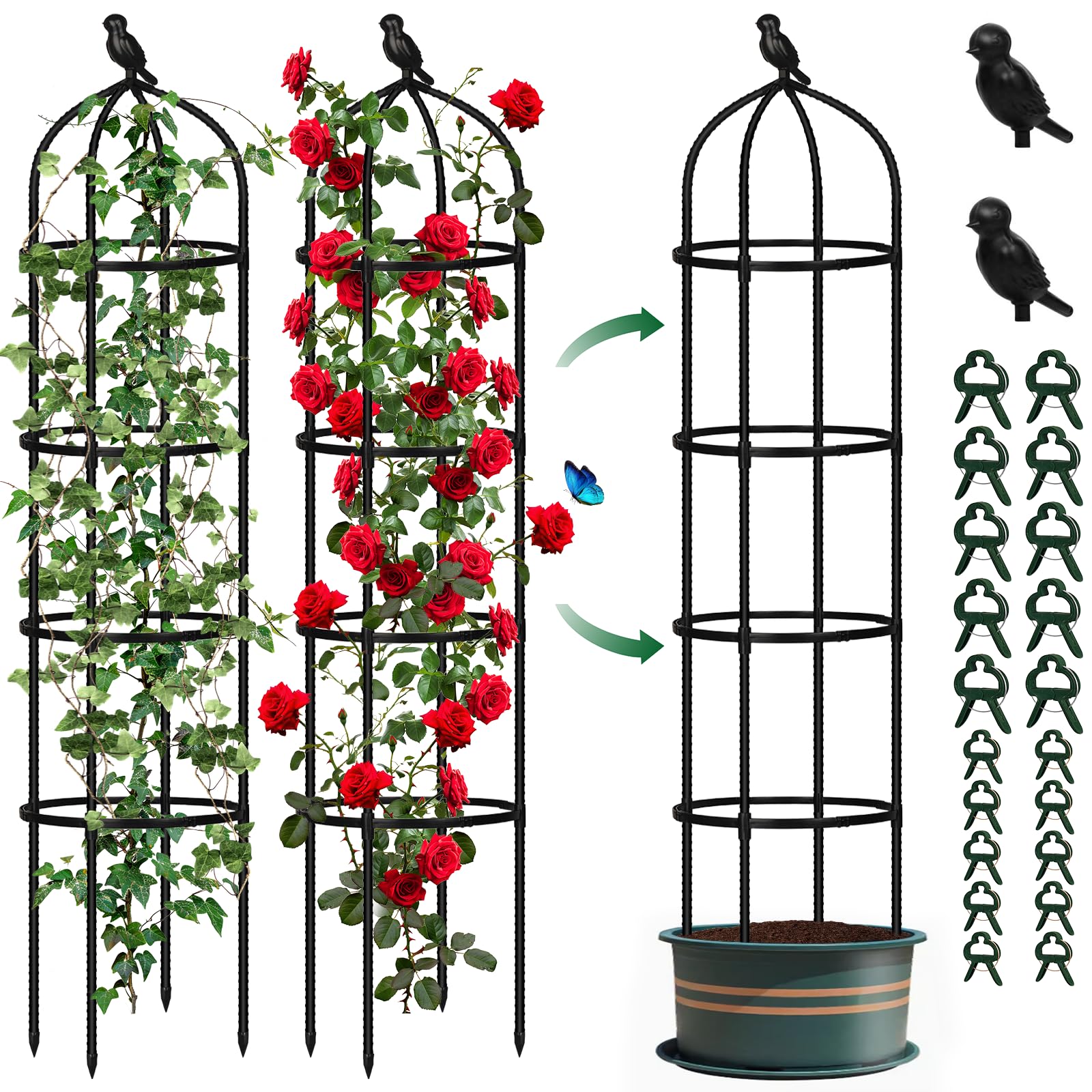 Garden Obelisk Trellis for Climbing Plants Outdoor, 6 Ft Tall Tower Tomato,Rose, Flowers, Grape, Pea, Cucumber Trellis, Rustproof Plastic Coated Metal Plant Support Trellis for Potted Plants (1)