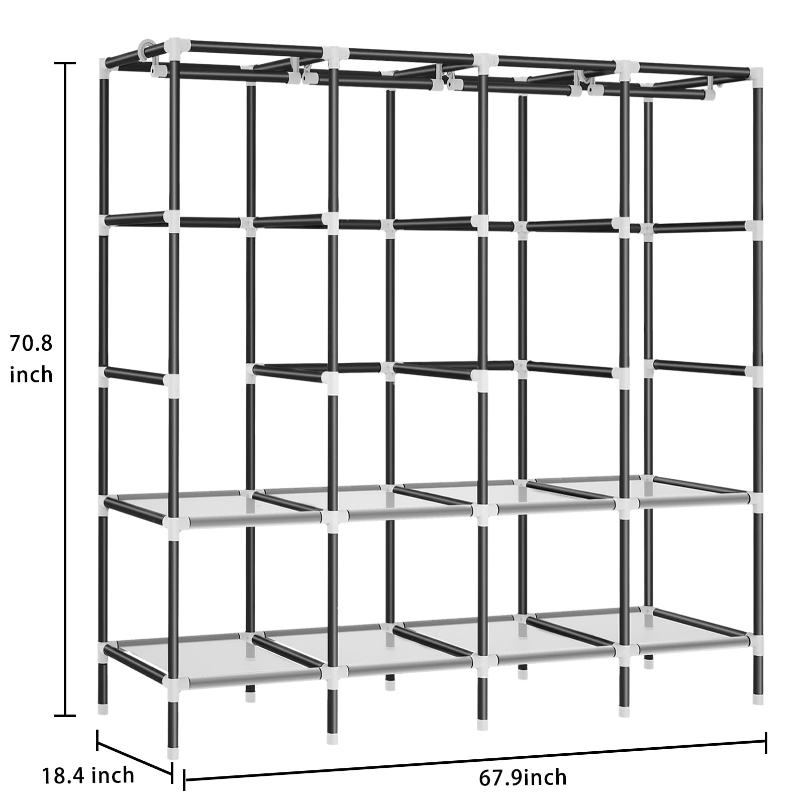 LOKEME Portable Closet,19mm Diameter Portable Closets for Hanging Clothes,Black Closet with 4 Hanging Rods and 8 Storage Shelves,Non-Woven Fabric,Easy to Assembly,67.9x18.4x70.8 Inches
