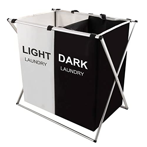 Laundry Basket, 136L Laundry Hamper 2 Section Clothes Laundry Bin Sorter, Waterproof Foldable Washing Storage Bags for Dirty Clothes, Toys, Towel in Bathroom Bedroom Organization (White+Black)