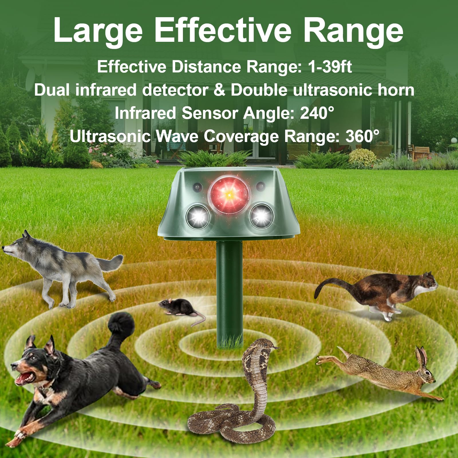 FRAMICS Solar Animal Repeller 360° Ultrasonic Animal Repellent Outdoor Solar Animal Repellent Cat Deterrent with Motion Sensor & LED Flashing Animal Repeller for Repelling Cat Squirrel Deer Raccoon