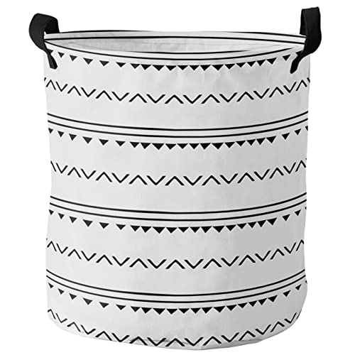 Laundry Basket,Bohemian Black Stripe Triangle Geometry White Back Waterproof Clothes Hampers with Handle,Ethnic Chic Geometric Large Collapsible Storage Bag for Bedroom Bathroom 16.5x17In