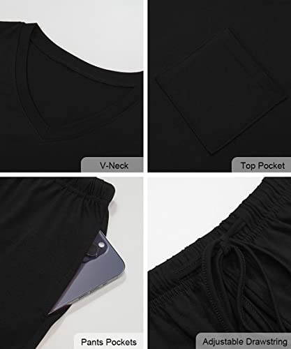 RUBZOOF Two Piece Outfits for Women Short Sleeve V Neck Casual Summer Pjs Lounge Sets Black XL