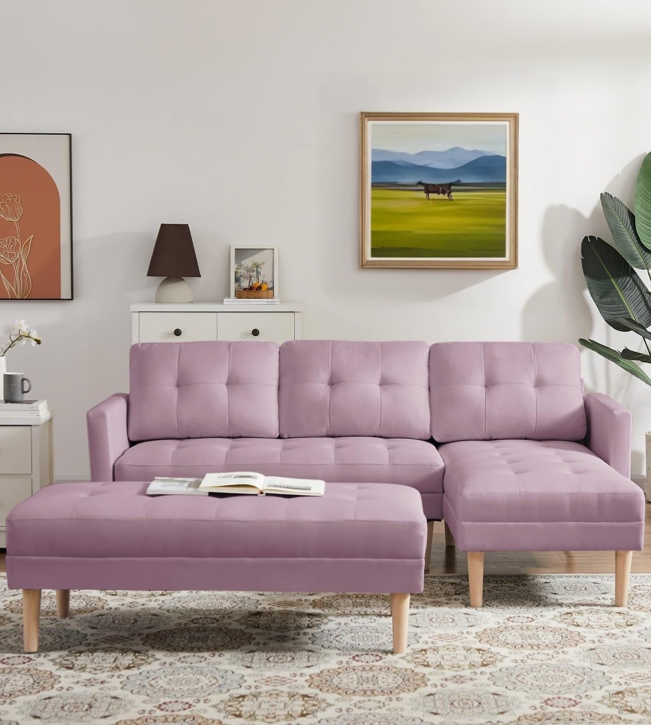 oaaktu 81" Sectional Sleeper Sofa,4 Seat U-Shaped Sofa Couch with Linen Fabric and Double Chaises, Modern Living Room Furniture Sets for Apartment (Pink)