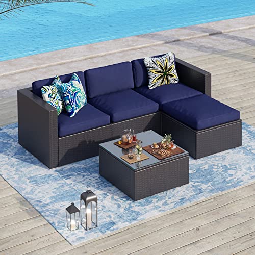 PHI VILLA Outdoor Patio Sectional Furniture Set 5 Piece Low-Back Rattan Sofa Set Wicker Patio Conversation Set with 4 Seat Cushions and 1 Tempered Glass Table (Navy Blue)