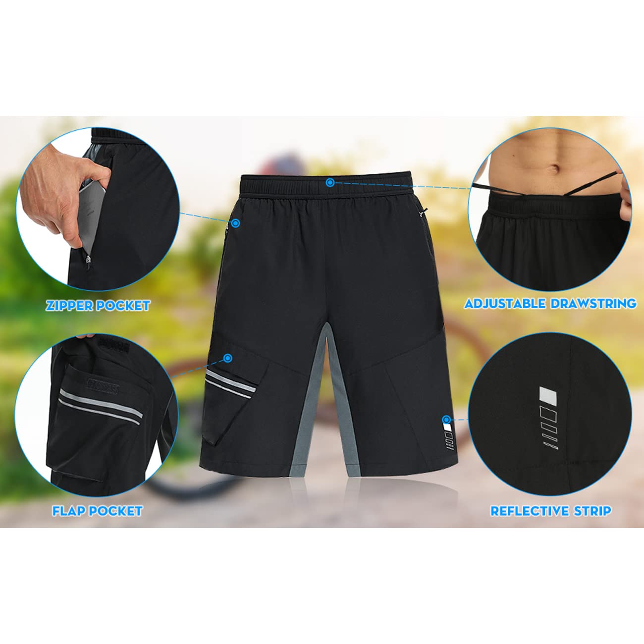 Freetrack Men's Mountain Bike Shorts 3D Padded MTB with Removable Lightweight Cycling Shorts Bicycle Riding Loose-fit Short Black