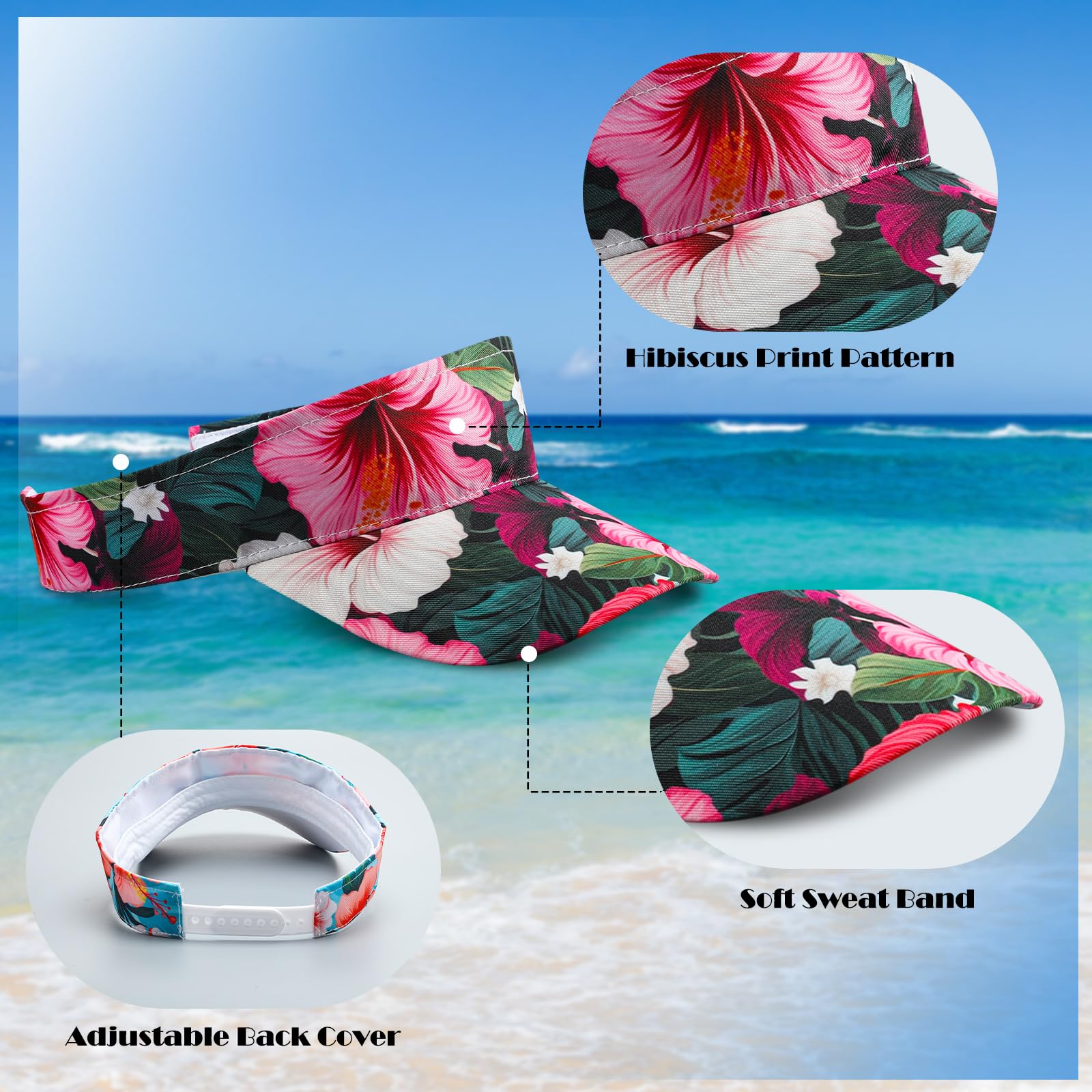 Glitopper 4 Pcs Hawaiian Visor Hat for Women Men Tropical Beach Adjustable Empty Top Sport Visor Cap for Summer Outdoor Pool(Hibiscus)