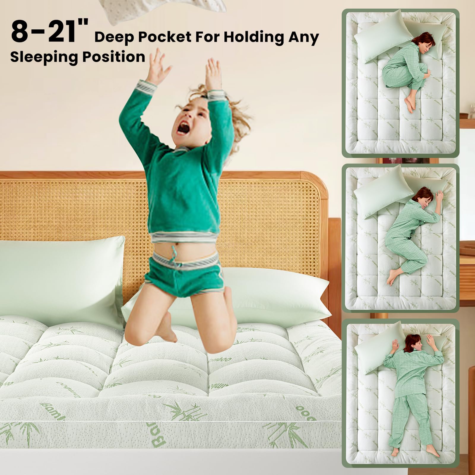 LIANLAM Mattress Topper King,1200 GSM Cooling Mattress Pad,Extra Thick Pillow Top Mattress Topper for Back Pain with 8"-21" Deep Pocket(78"x80",Green)