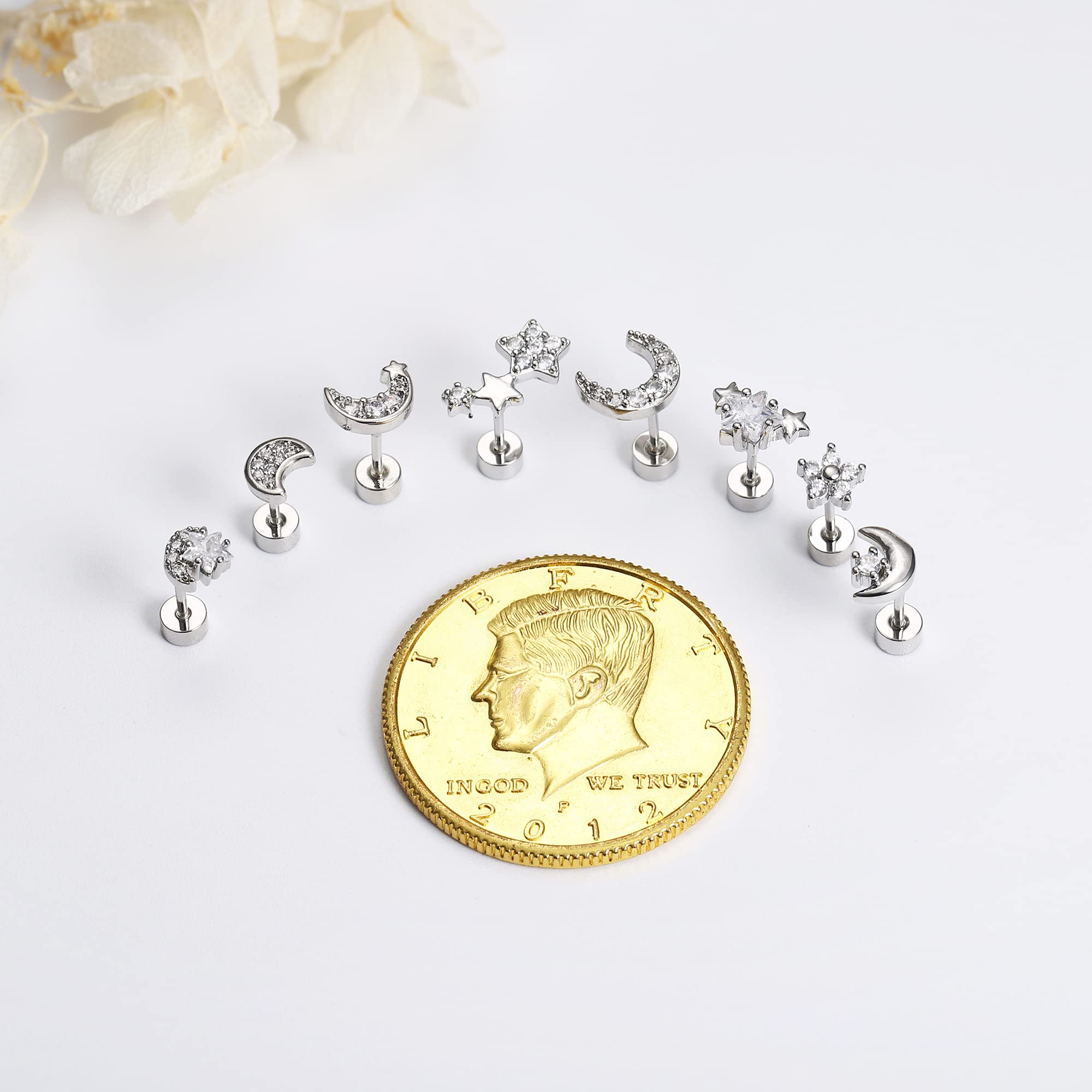 FASACCO Moon and Star Flat Back Cartilage Earrings 20G Earrings Helix Tragus Piercing Jewelry