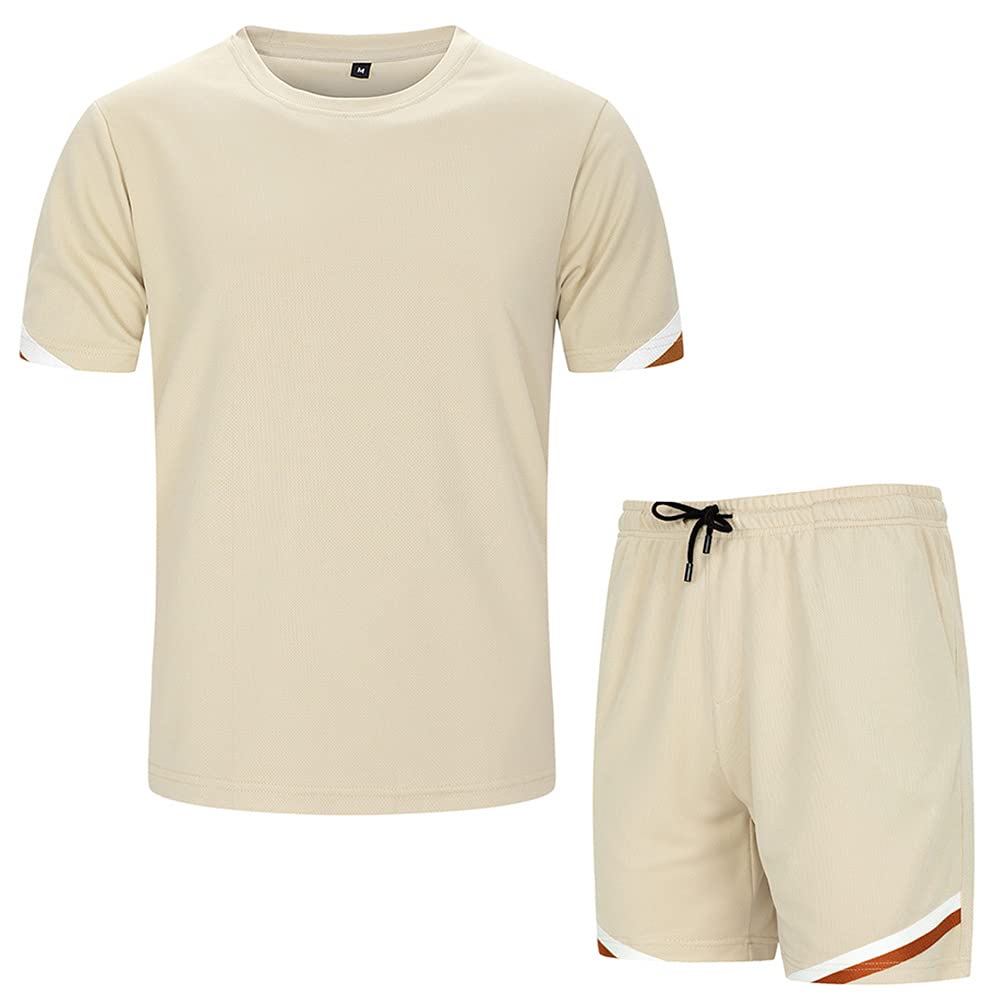 DUOFIER Men's Casual Tracksuit Short Sleeve Running Jogging Athletic Sweat Suits Set, Khaki-2XL