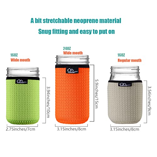 WKieason Wide Mouth Mason Jar Neoprene Sleeve 16-24OZ Mason Jar Sleeves (24OZ/Green/Grey/Orange)