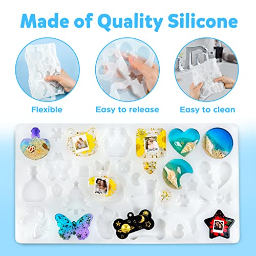 Mocoosy 182Pcs Resin Molds Silicone Kit for Beginners, 32 Cavities Pendants Molds for Epoxy Resin Casting, Variety Shaped Keychain Making Set DIY Ornaments Crafts Supplies