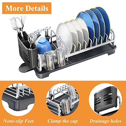 Small Dish Drying Rack, Aluminum Dish Rack with Utensil Holder, Anti-rust Dish Racks for Kitchen Counter Multifunctional Dish Drainer with Drainboard, Drying Rack for Dishes, Knives, Spoons, and Forks