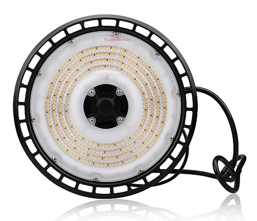RuggedGrade 100 Watt LED High Bay UFO Corvus Series Lights - with 40w Kono Series Battery Back Up - 14,500 Lumen - 3.3ft Cord - 5000K - DLC Premium 5.1 Optional