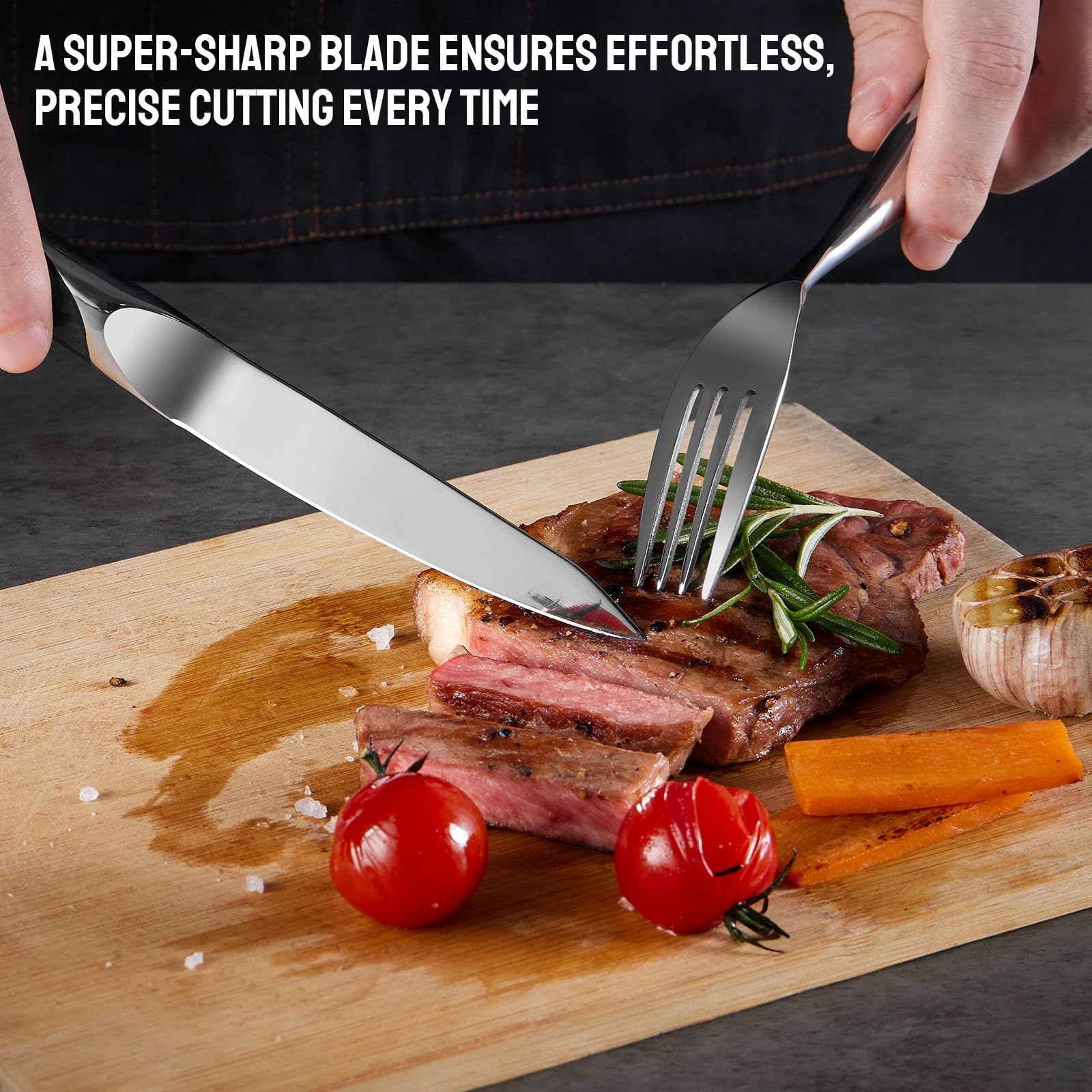 OAKSWARE Steak Knives and Dinner Forks Set of 8, German Stainless Steel Tableware, Flatware Cutlery Set for Kitchen, Mirror Polished, Full-Tang Wooden Handle, Rust Resistant & Easy to Maintain, Black