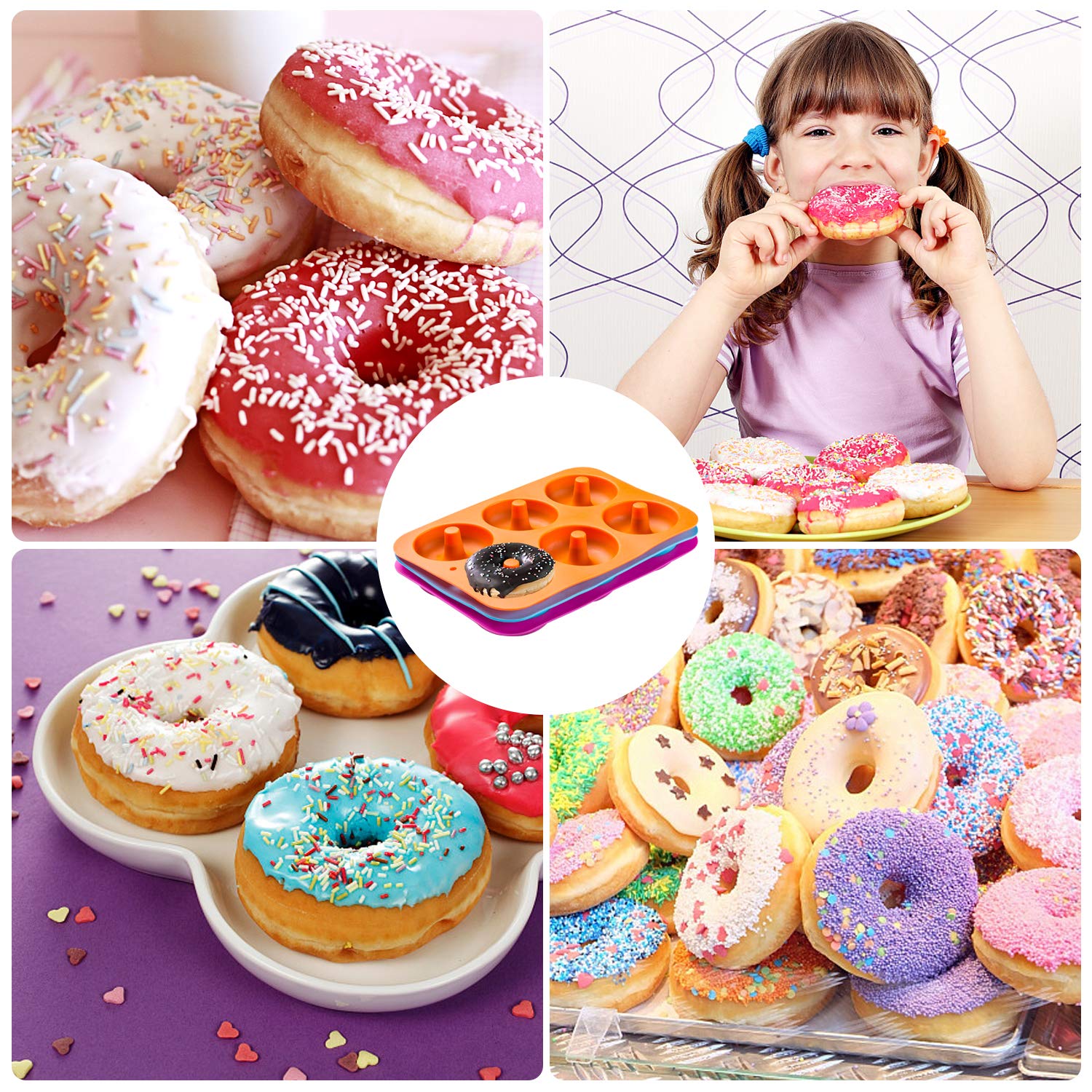 Gezan 3-Pack Silicone Donut Mold of 100% Nonstick Silicone. BPA Free Mold Sheet Tray. Makes Perfect 3 Inch Donuts. Tray Measures 10x7 Inches. Easy Clean, Dishwasher Microwave Safe